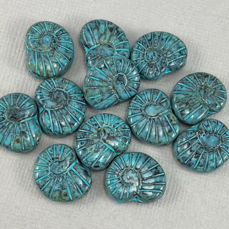 Aqua Blue & Black Nautilus Shell Czech Glass Beads, Pressed, Snail ...