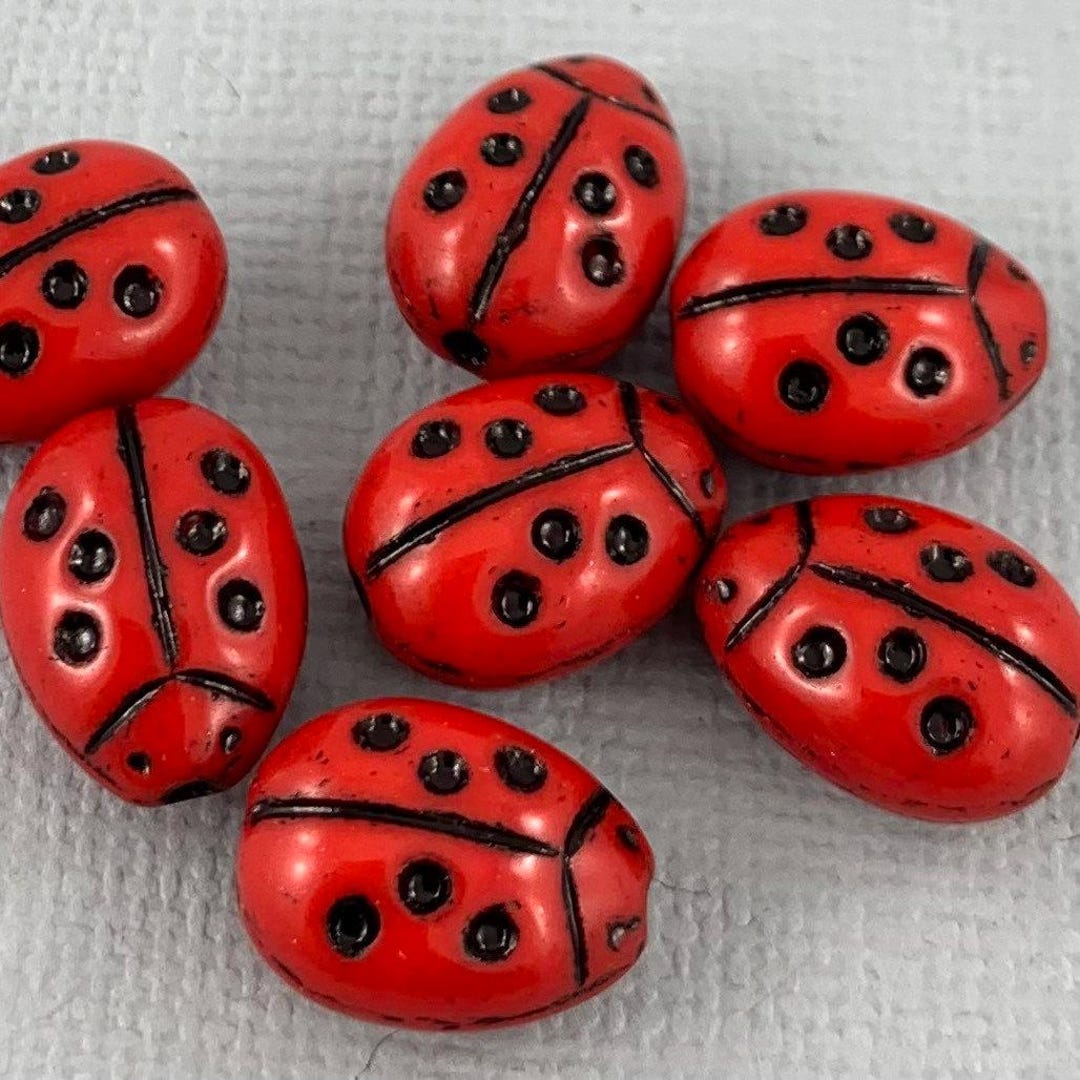 Cherry Red Czech Glass Pressed Ladybug Beads, Black Detail, Bug Beads ...