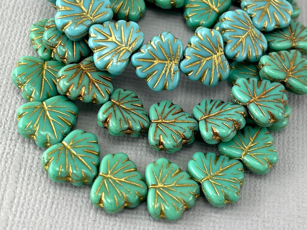 Sky Blue Czech Glass Maple Leaf Beads, Gold Wash, Fall Beads, Pressed ...