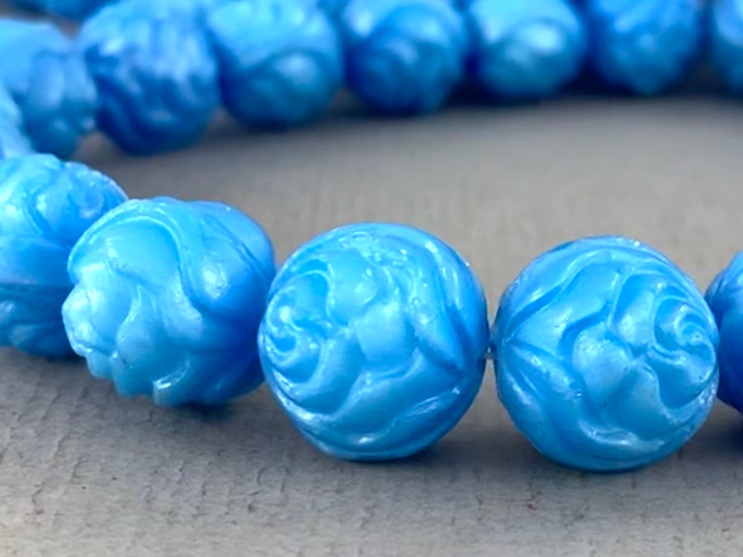 Bright Blue Pressed Czech Glass Rose Beads, Round, Sky Blue - 13mm - 6 ...