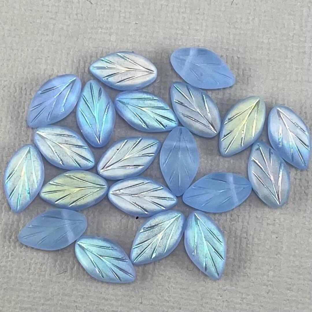 Periwinkle Blue Czech Glass Beech Leaf Beads, Iridescent Aurora ...