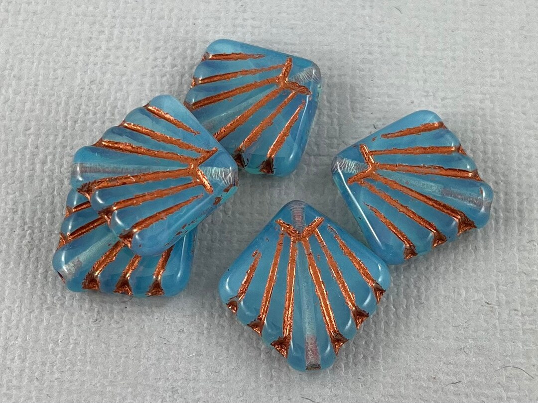 Art Deco Style Czech Glass Shell Beads, Opal Blue, Milky Glass, Fan ...
