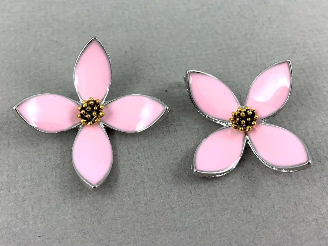 Large, Enameled Pink Dogwood Flower, Connector, Link, Two Loops, Gold ...