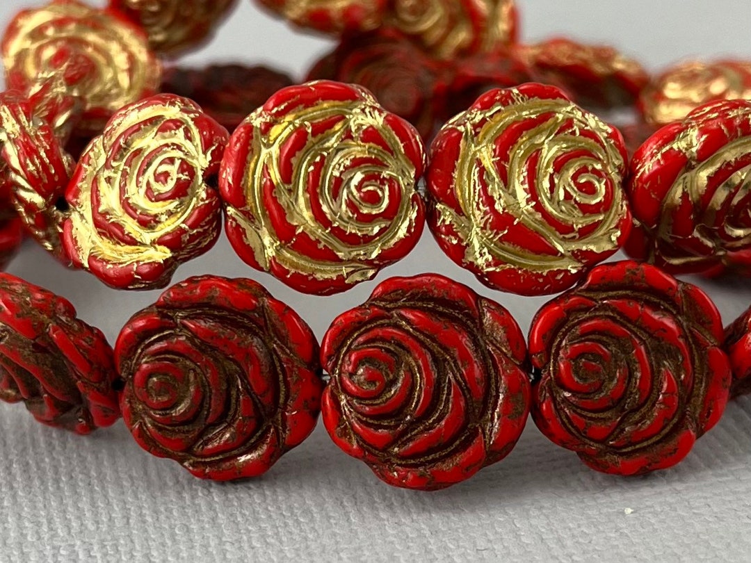 Red Pressed Czech Glass Rose Flower Beads, Bronze or Gold Wash Carved ...
