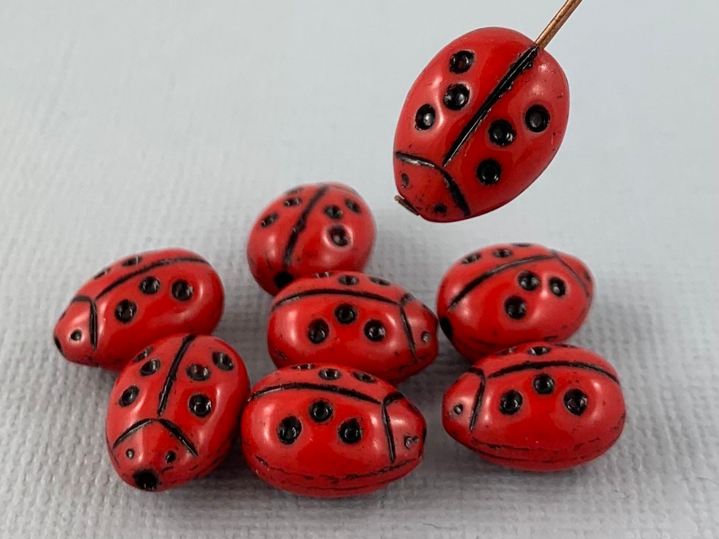 Cherry Red Czech Glass Pressed Ladybug Beads Black Detail | Etsy