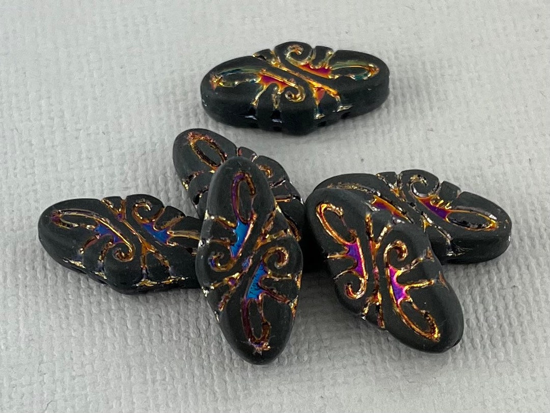 Matte Charcoal Black Czech Glass Fancy Arabesque Pressed Oval Shaped ...