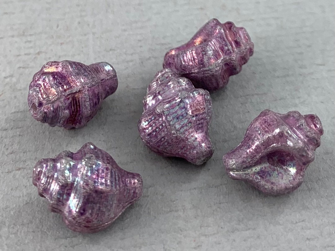 Purple Conch, Seashell Czech Glass Beads, Pressed, Rainbow Aurora ...