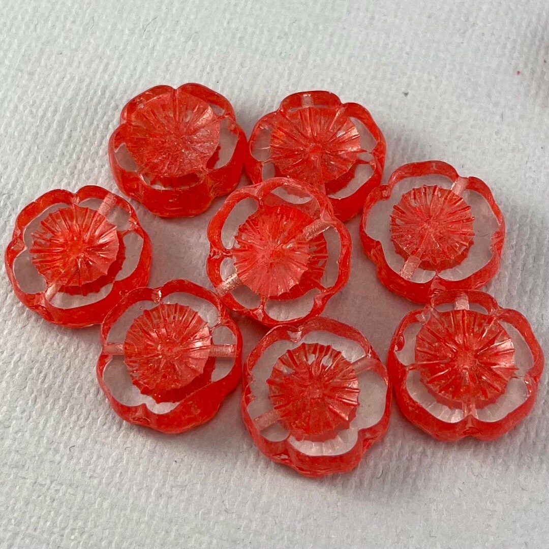 Bright Red and Clear Czech Hibiscus Glass Flower Beads, Fire Engine Red ...