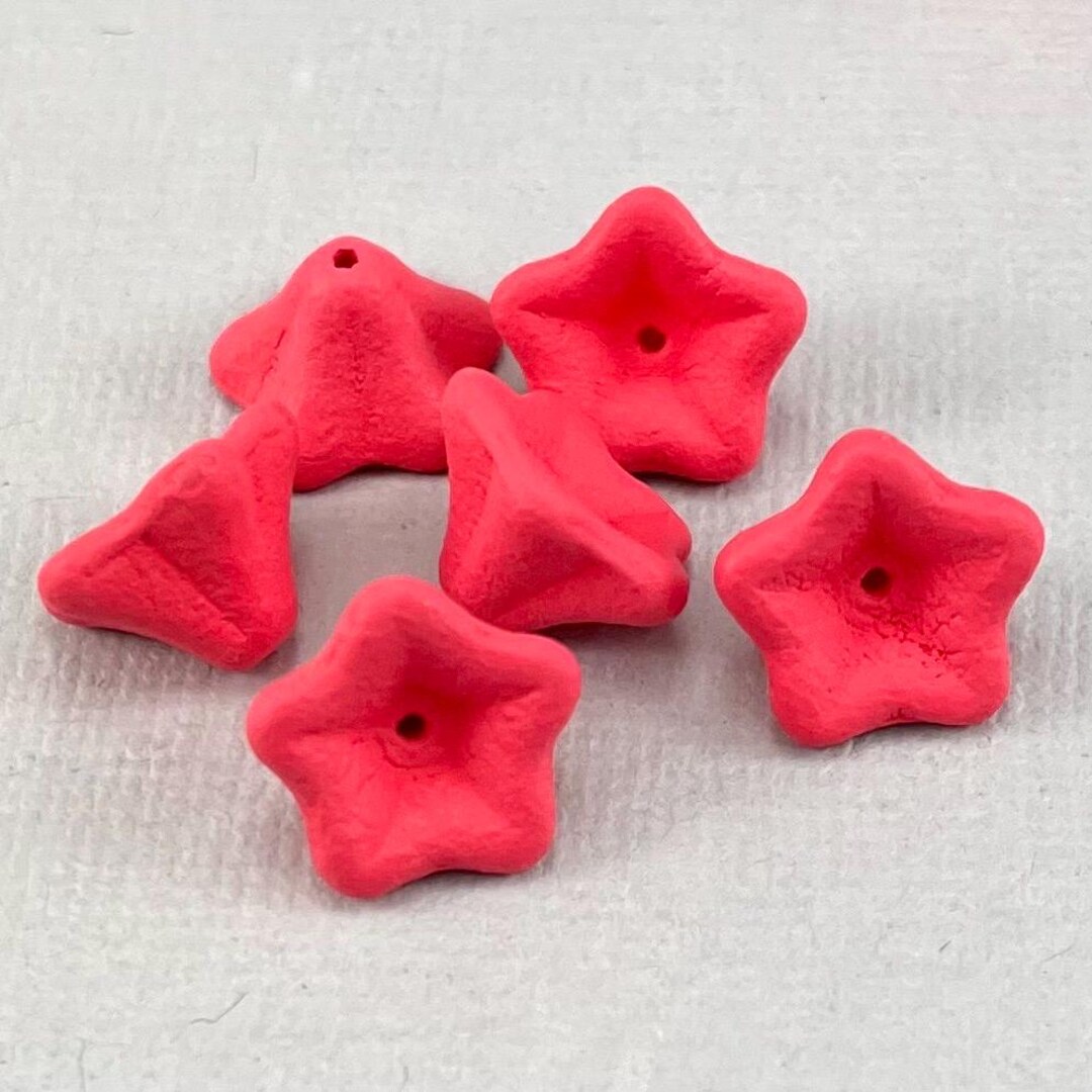Large, Berry Red Czech Glass Petunia Bell Flower Beads, Trumpet Beads ...