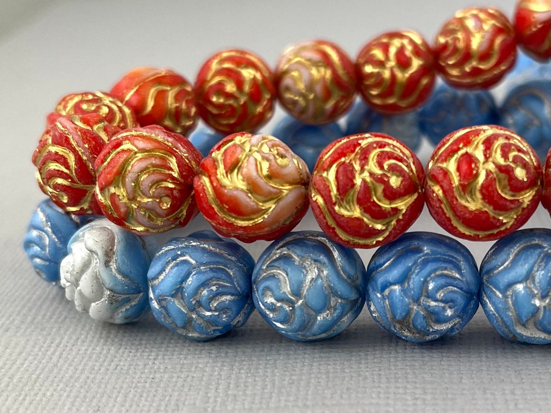 Variegated Blue or Bright Red Pressed Czech Glass Rose Beads, Round ...