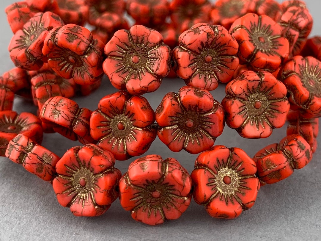 Orange Red Czech Hibiscus Glass Flower Beads, Bronze Wash Finish, Fire ...