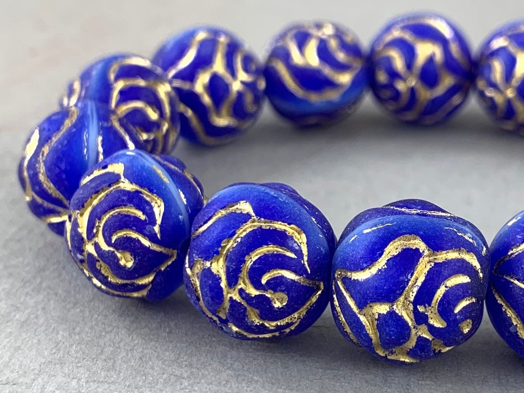 Royal Blue Czech Glass Rose Beads, Round, Gold Wash - 13mm - 6 Pcs ...