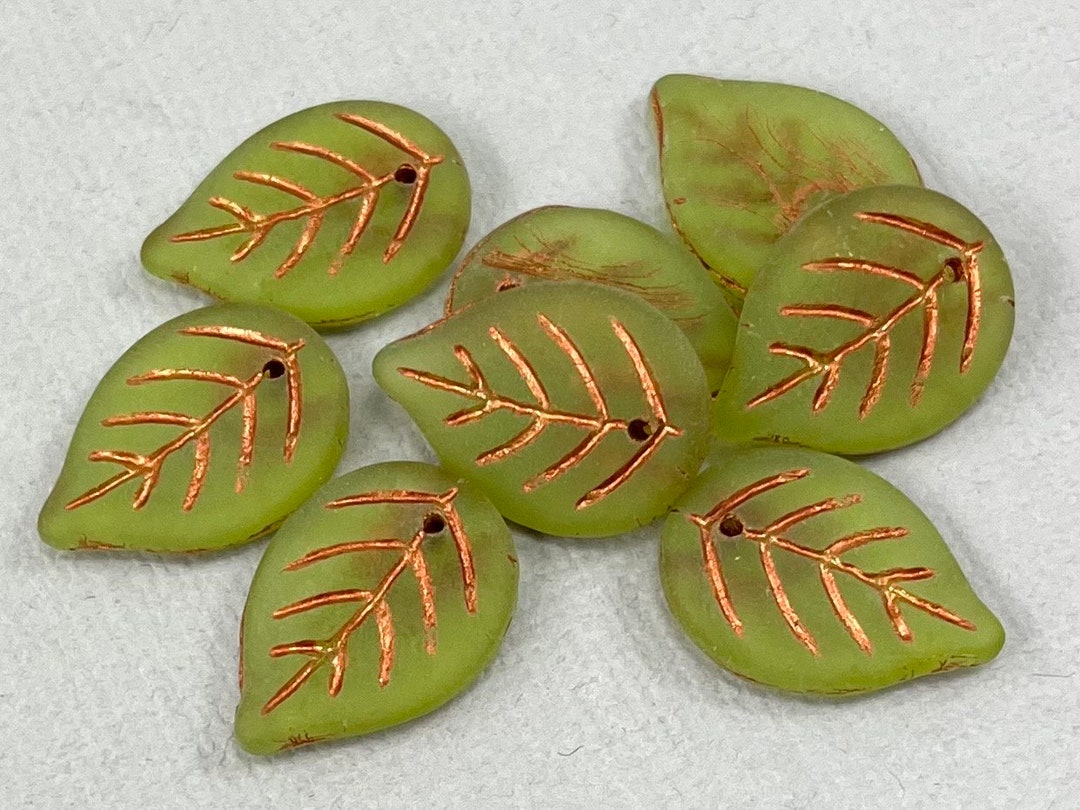 Matte Olive Green Czech Glass Apple Leaf Beads, Metallic Copper Wash ...