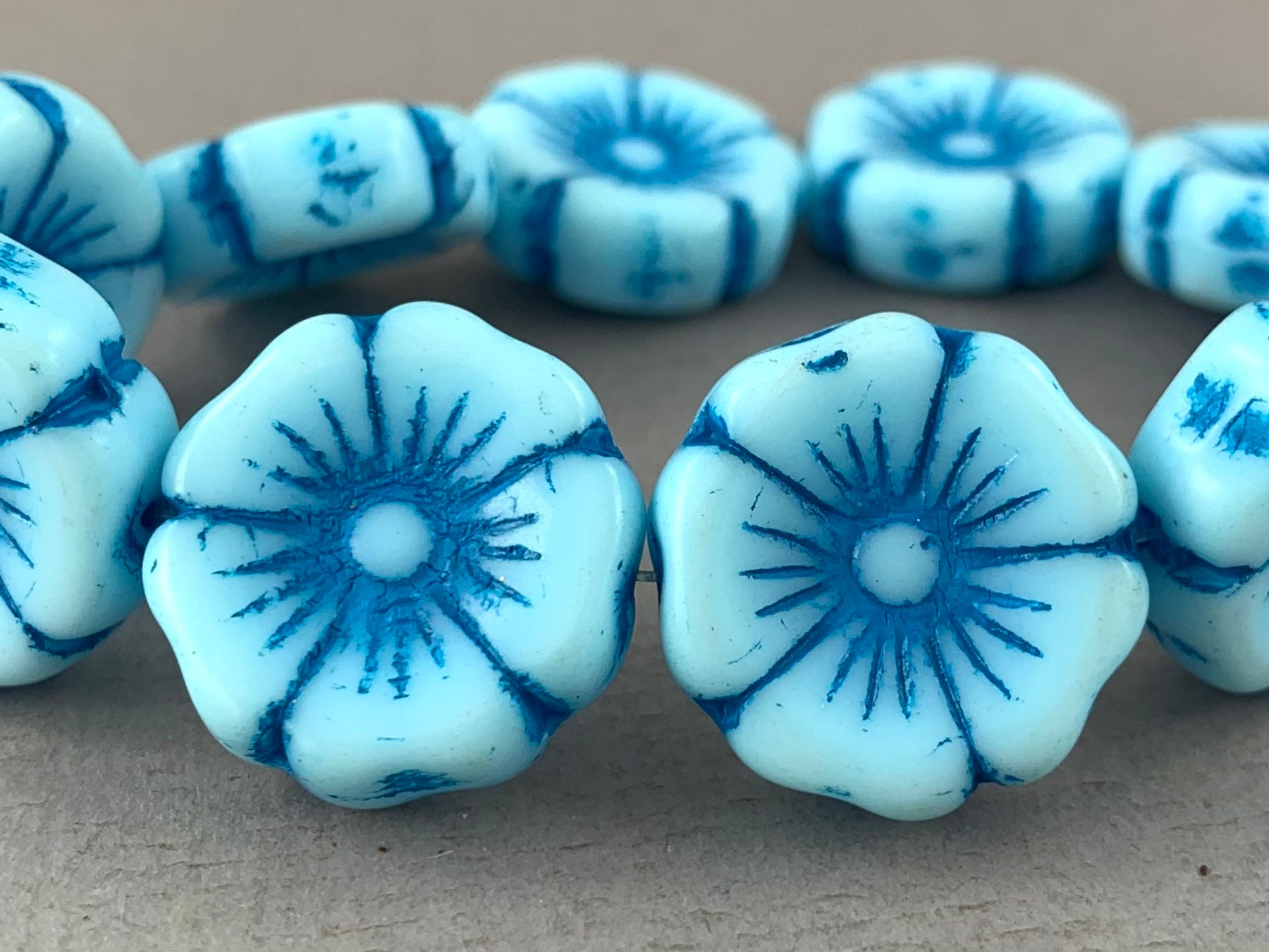 Large Pale Blue Czech Glass Flower Beads Dark Turquoise Wash Etsy