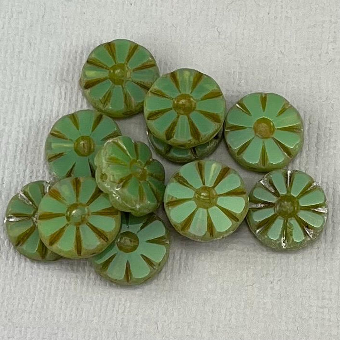 Cloudy Opal Spring Green Daisy, Sunflower Czech Glass Flower Beads, Caramel Picasso, Table Cut ...