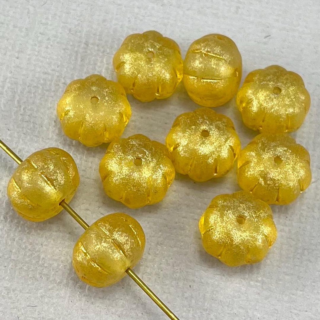 Frosted Gold Pressed Czech Glass Melon, Pumpkin Beads, Transparent ...