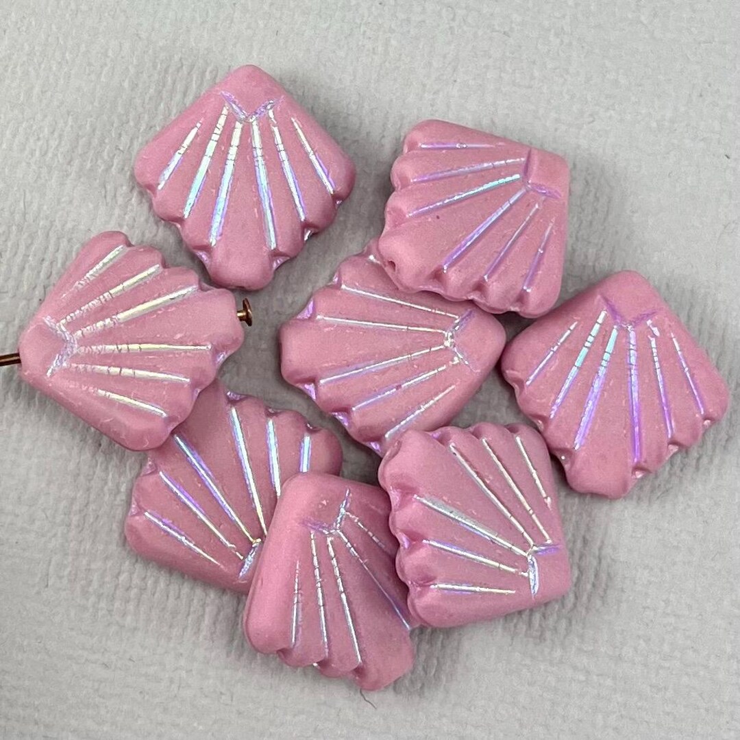 Art Deco Style Czech Glass Shell Beads, Matte Opaque Pink, Fan, Grooved ...