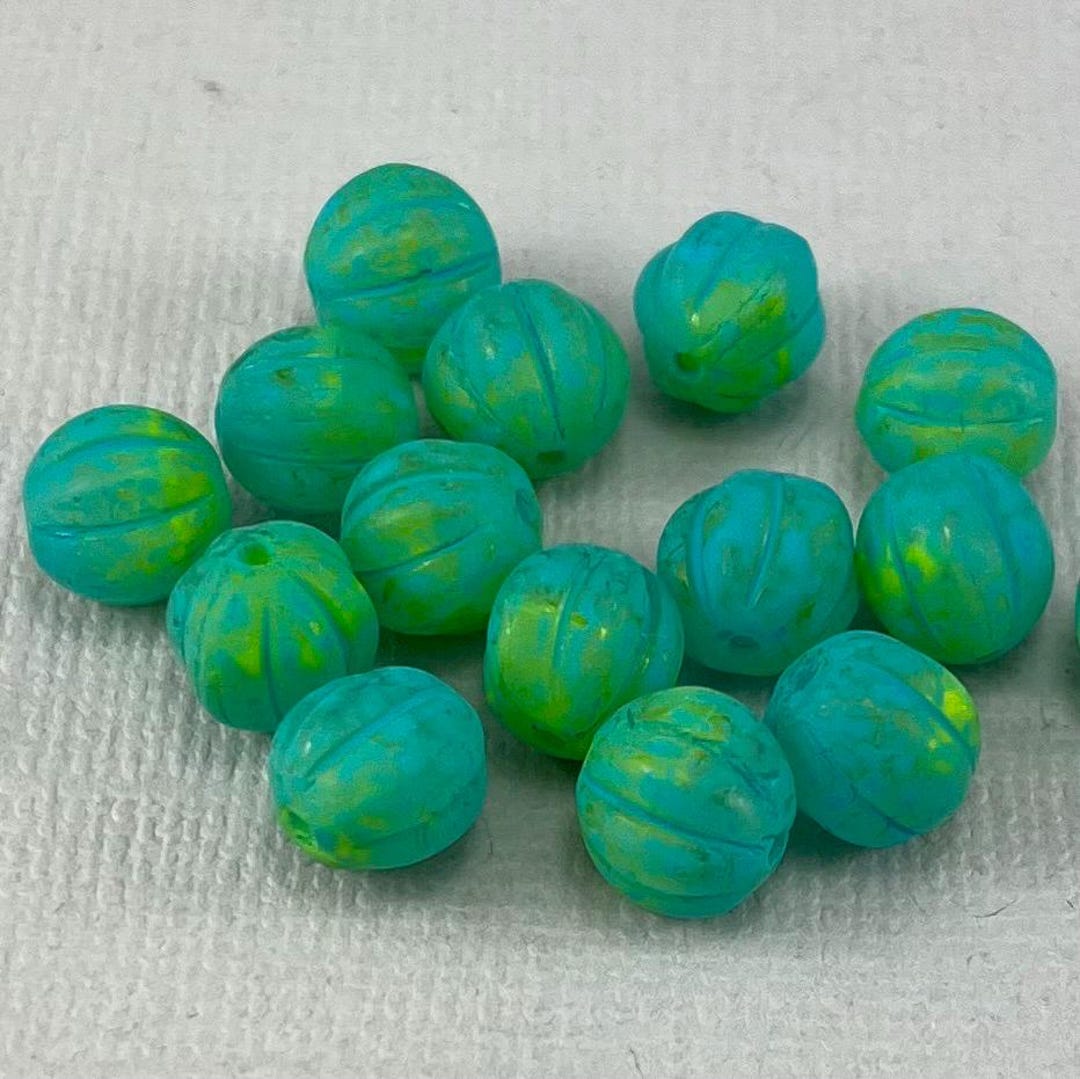 Transparent Clear & Yellow Melon Beads, Etched Fluted Czech Glass, Aqua ...