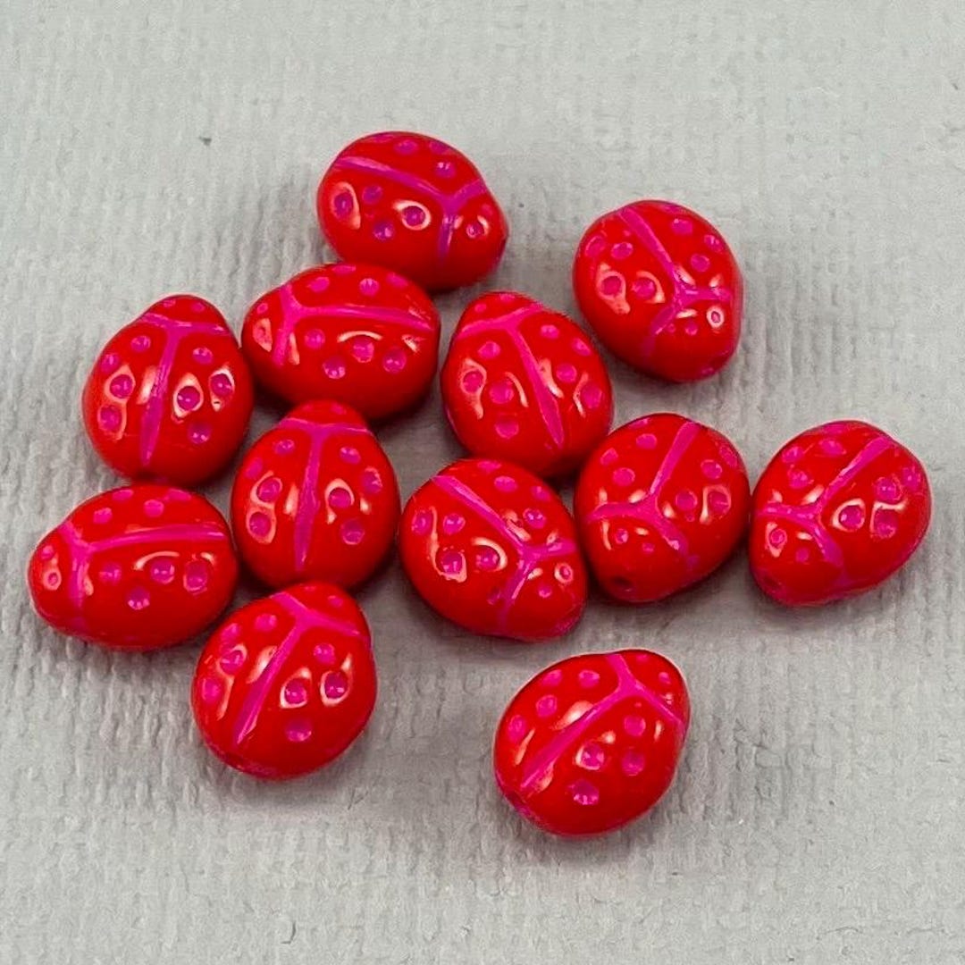 Little, Red Czech Glass Pressed Ladybug Beads, Hot Pink Detail, Bug ...