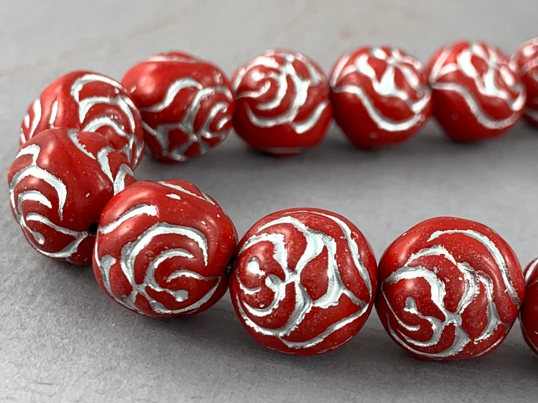 Cherry Red Pressed Czech Glass Rose Beads, Round, Silver Wash Detail ...