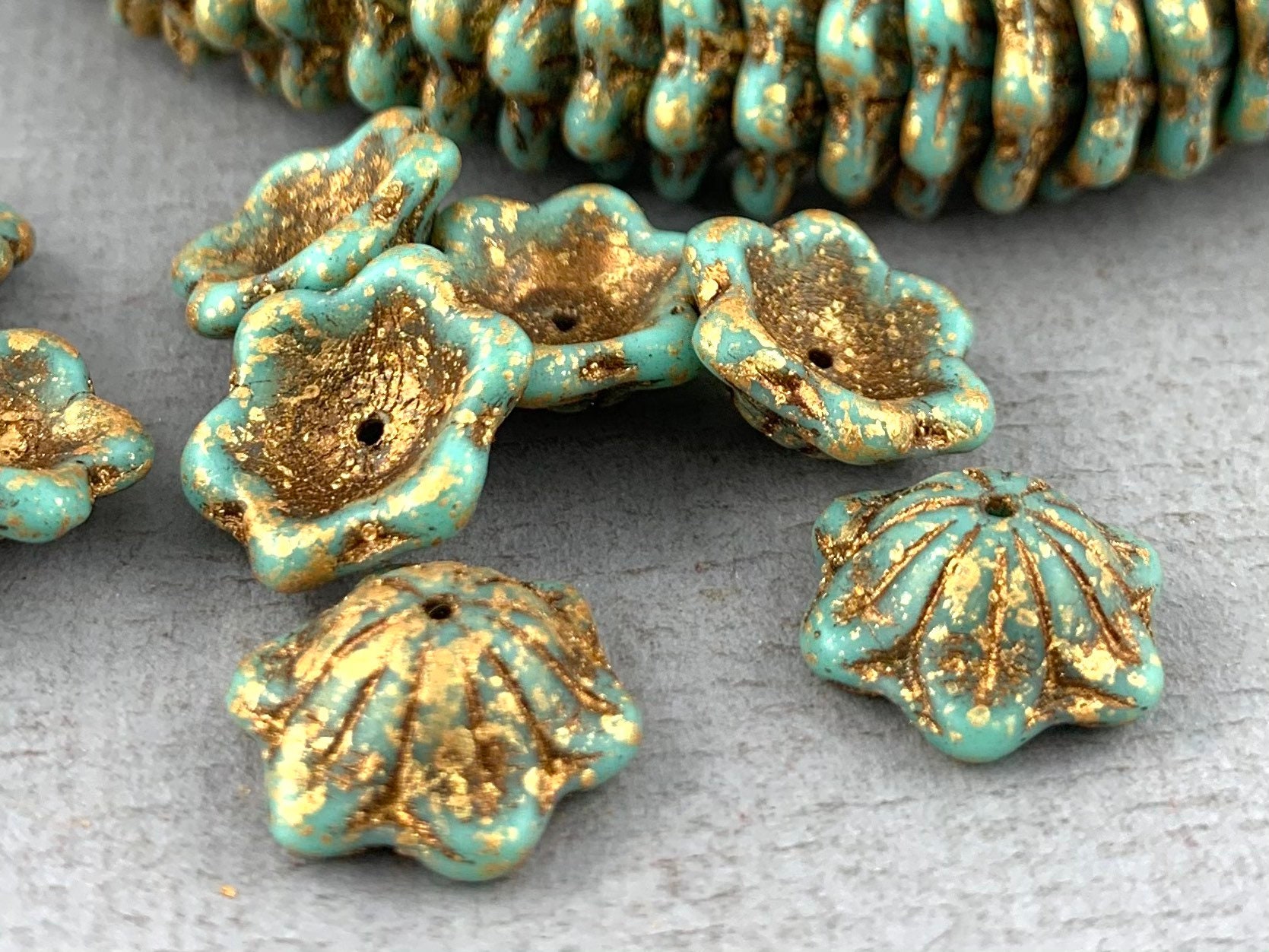 Mint Green Czech glass wide bell flower beads bronze wash | Etsy