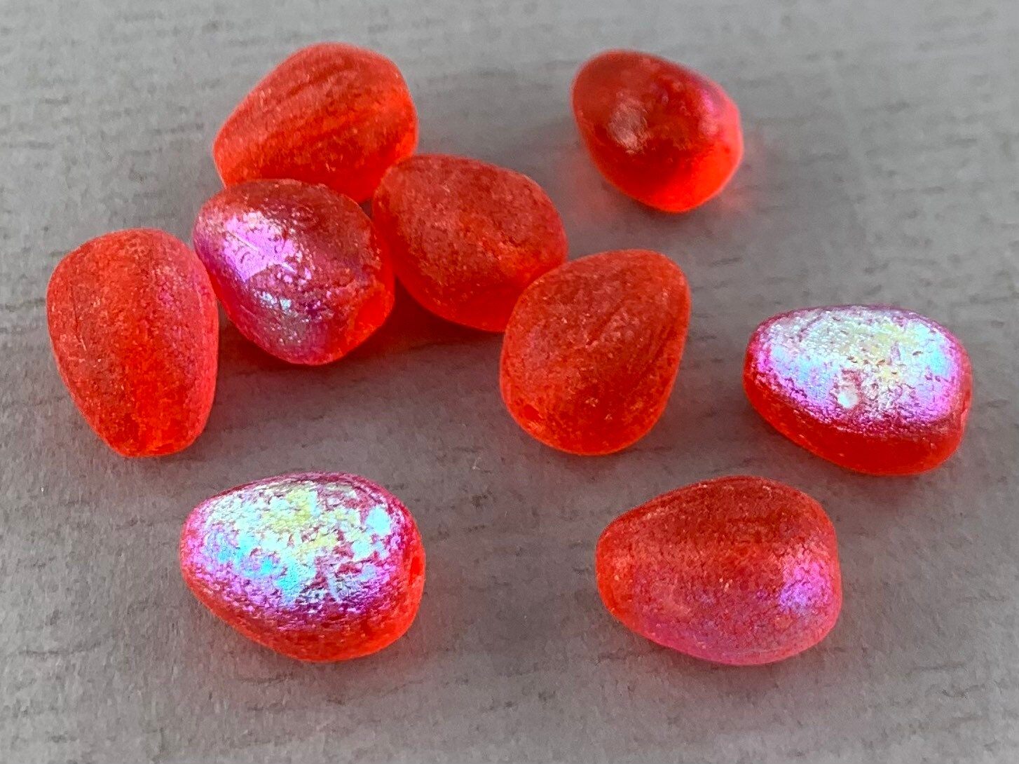 Etched Candy Red Drop Beads, Fluted Czech Glass, Pear, Aurora Borealis ...