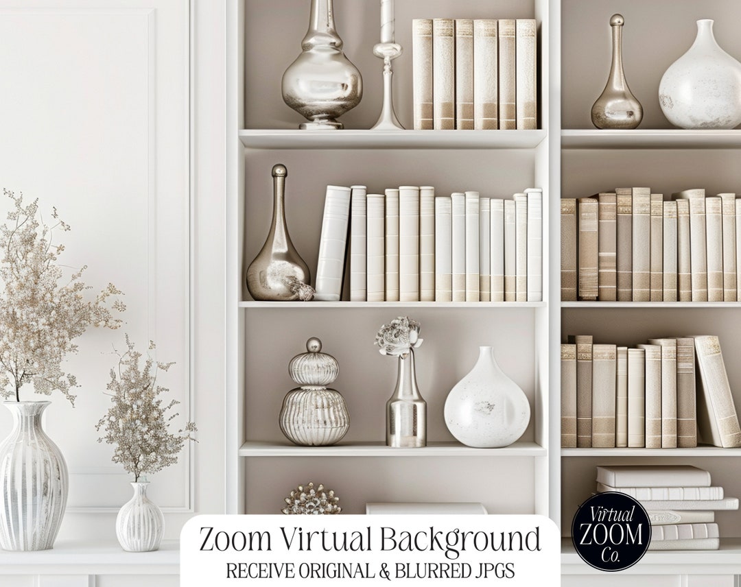 Zoom Background Bookshelf With Silver Vases Virtual Bookshelf for Zoom ...