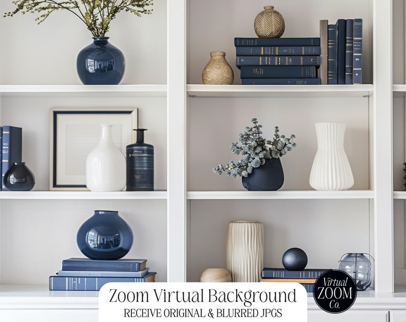 Zoom Background Navy Blue Bookshelf Blue Hamptons Bookshelf ...