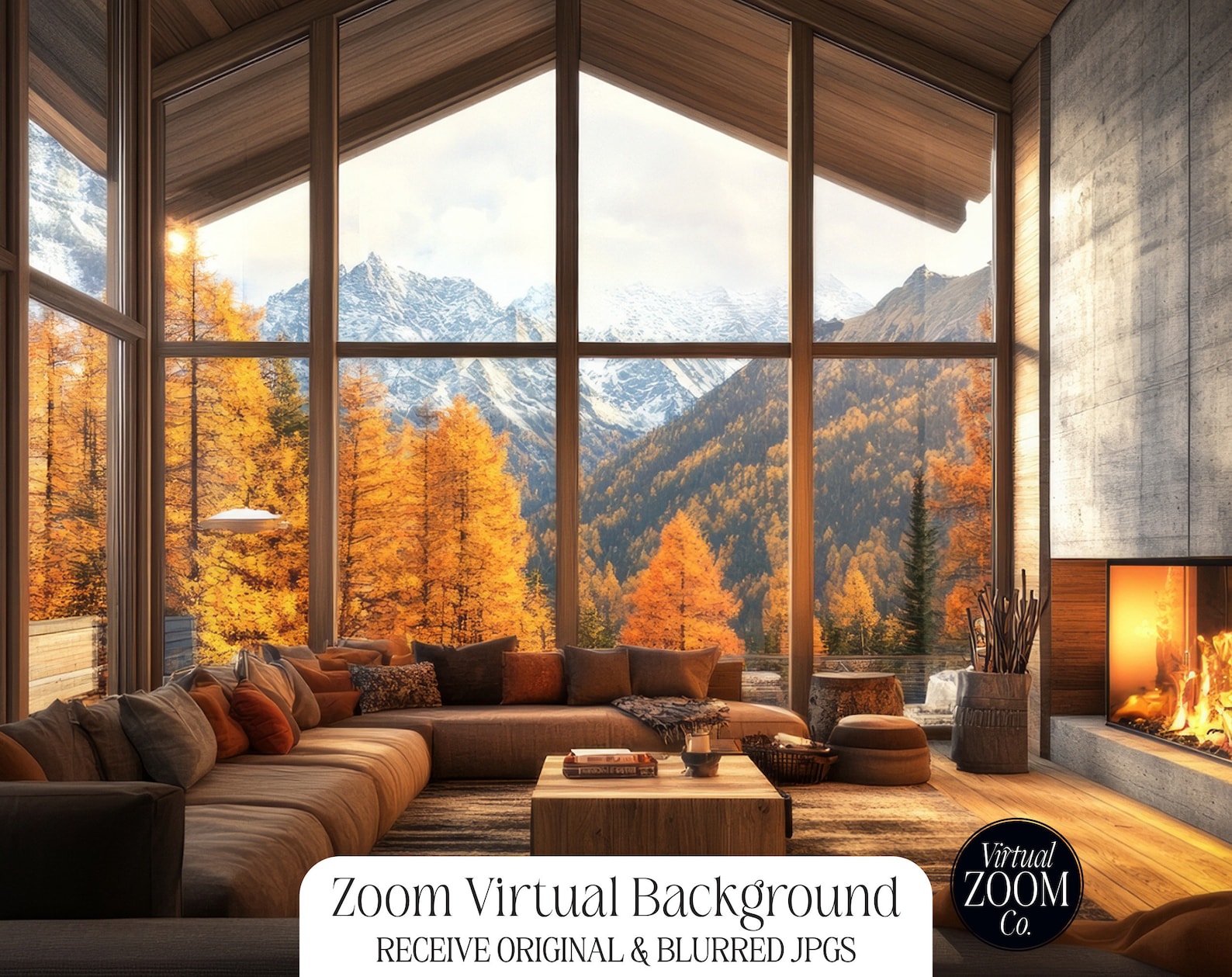 Zoom Background Chalet Cabin With Fireplace Virtual Background Fall ...