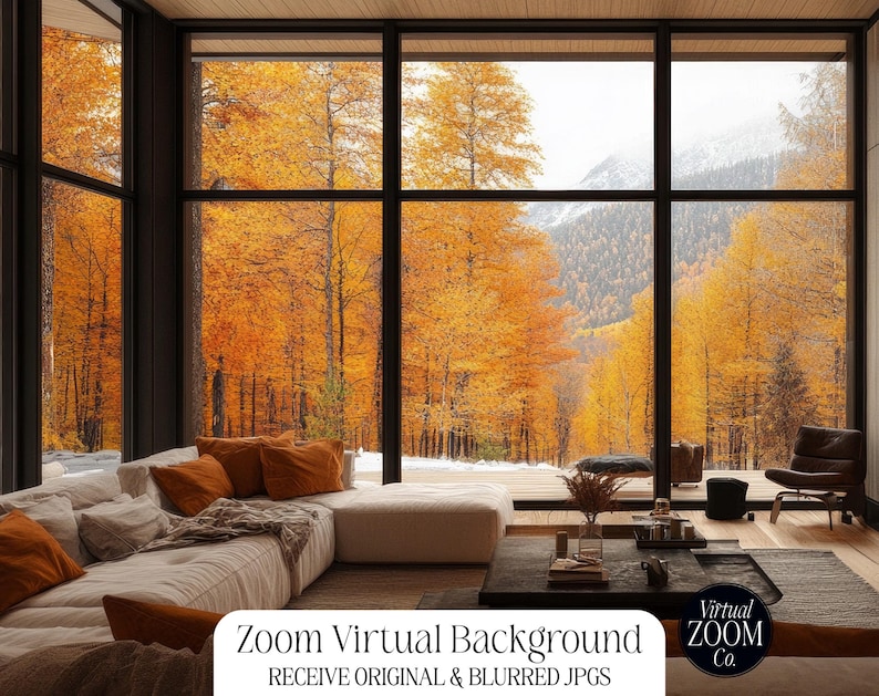 Zoom Background Fall Trees Backdrop Chalet Cabin With Fireplace Virtual ...