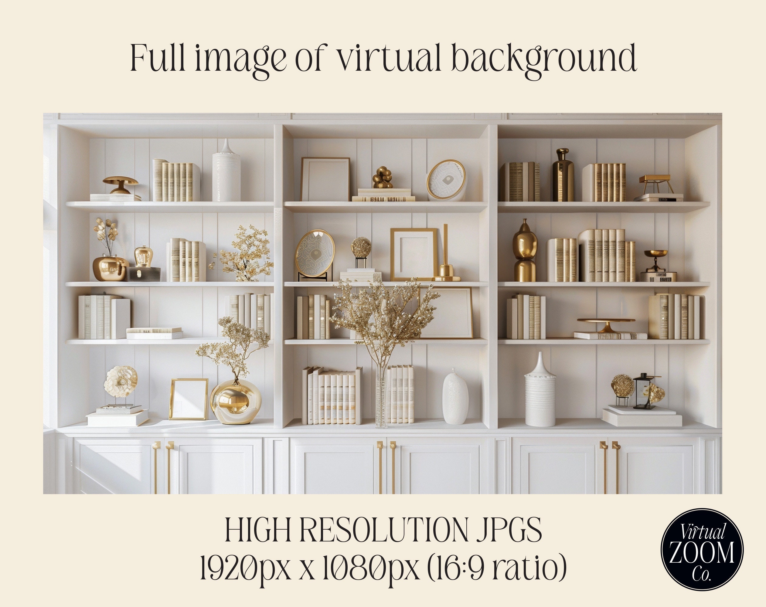 Zoom Background White Bookshelf Gold Virtual Background Bookshelf for ...
