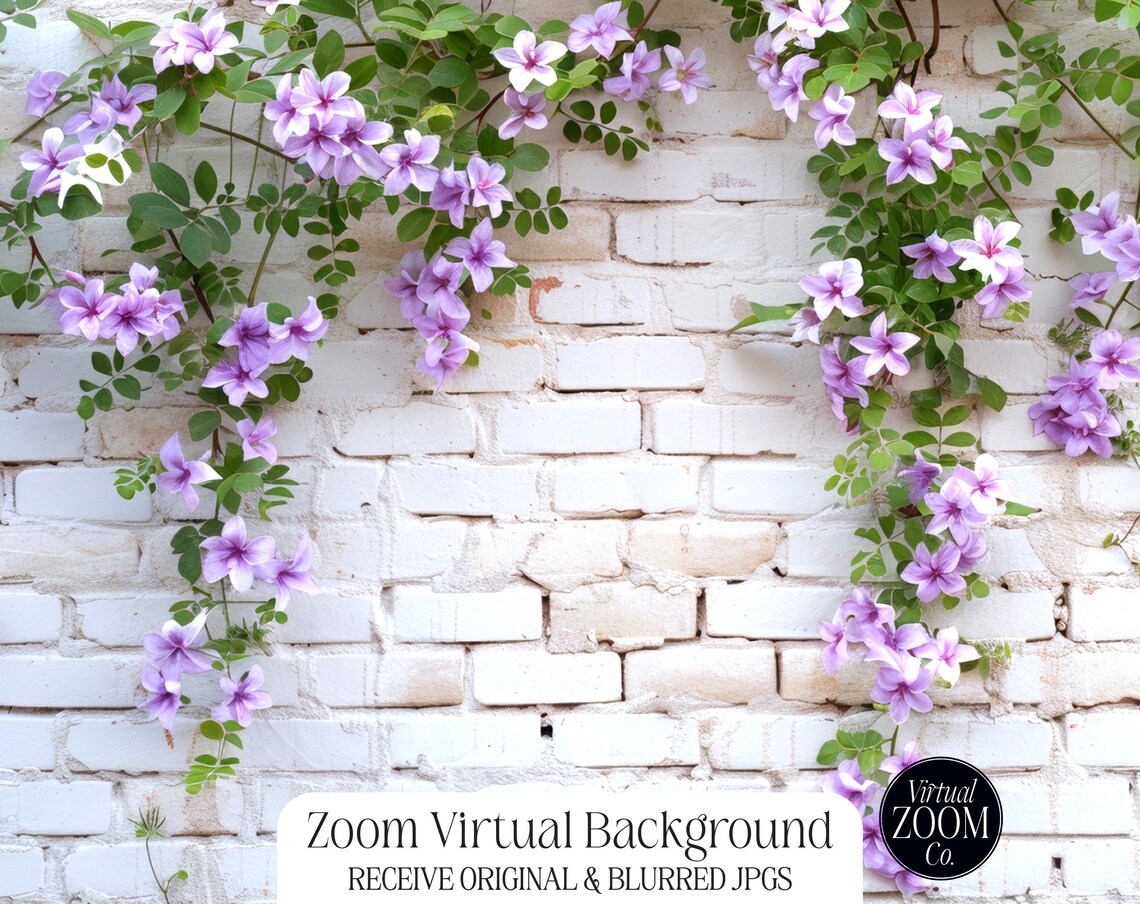 Zoom Background, White Brick Wall With Purple Flowers, Zoom Background ...