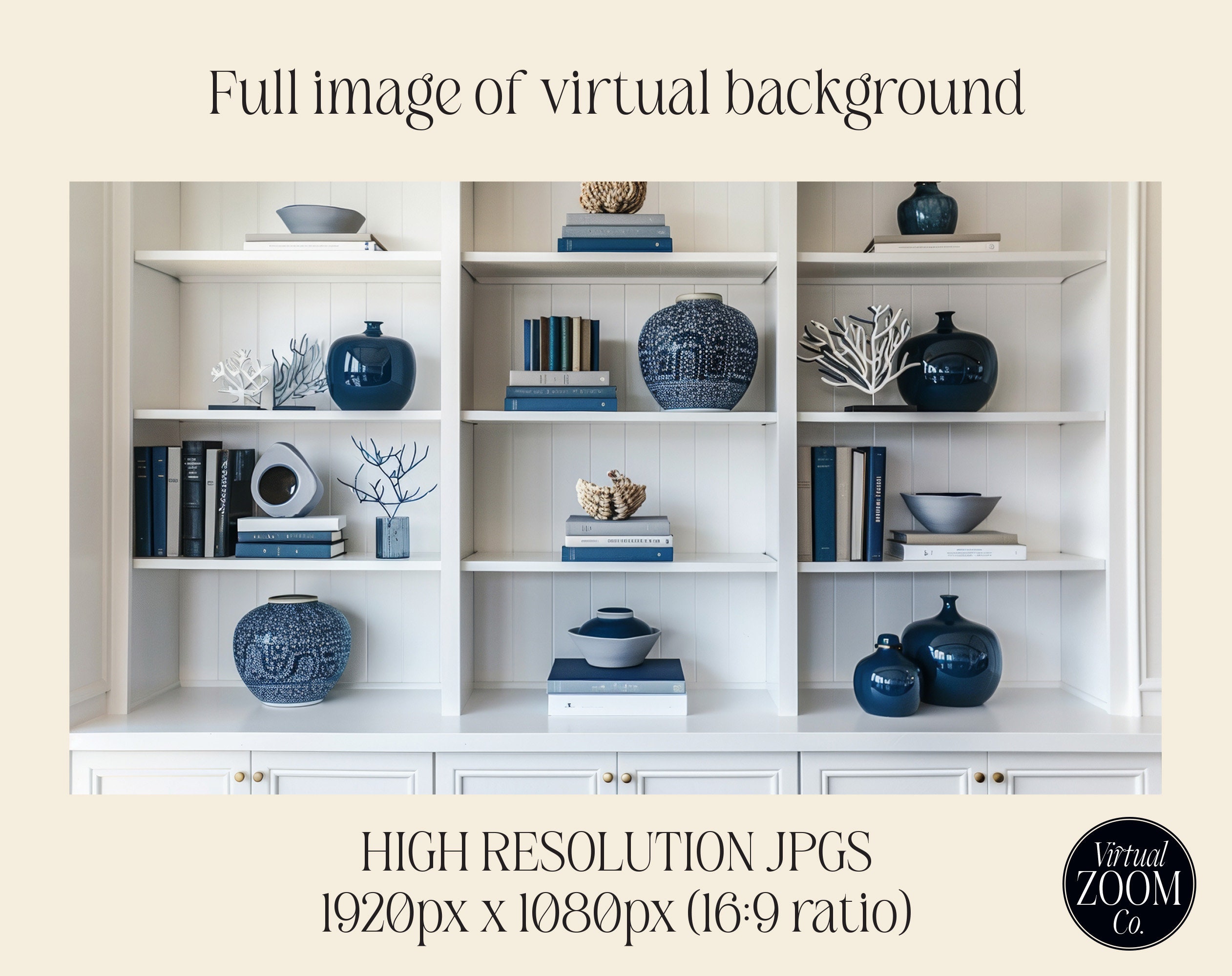 Zoom Background Navy Blue Bookshelf Blue Hamptons Bookshelf ...