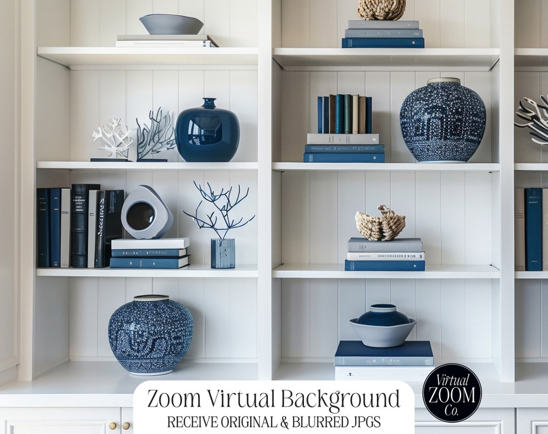 Zoom Background Navy Blue Bookshelf Blue Hamptons Bookshelf ...