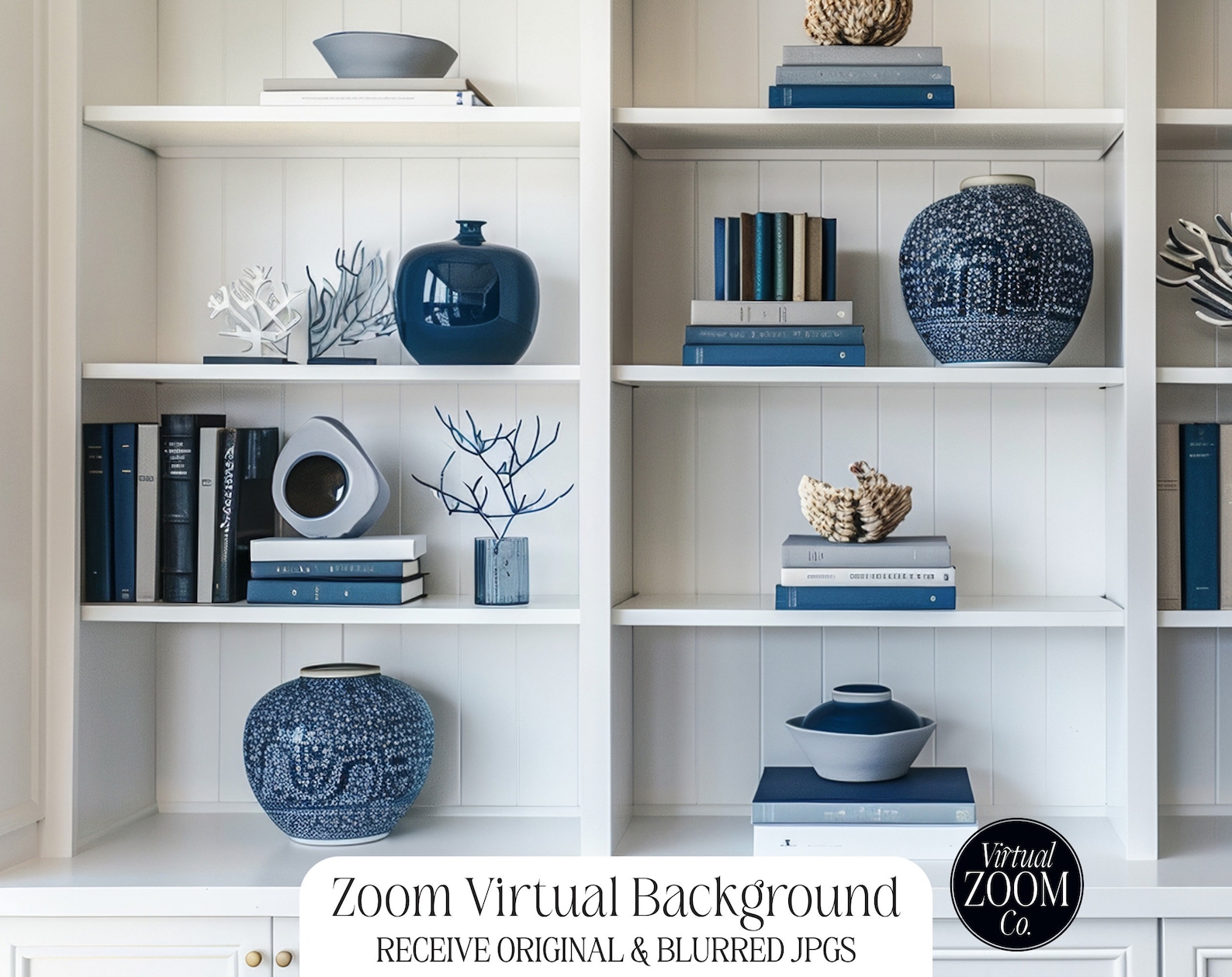 Zoom Background Navy Blue Bookshelf Blue Hamptons Bookshelf ...