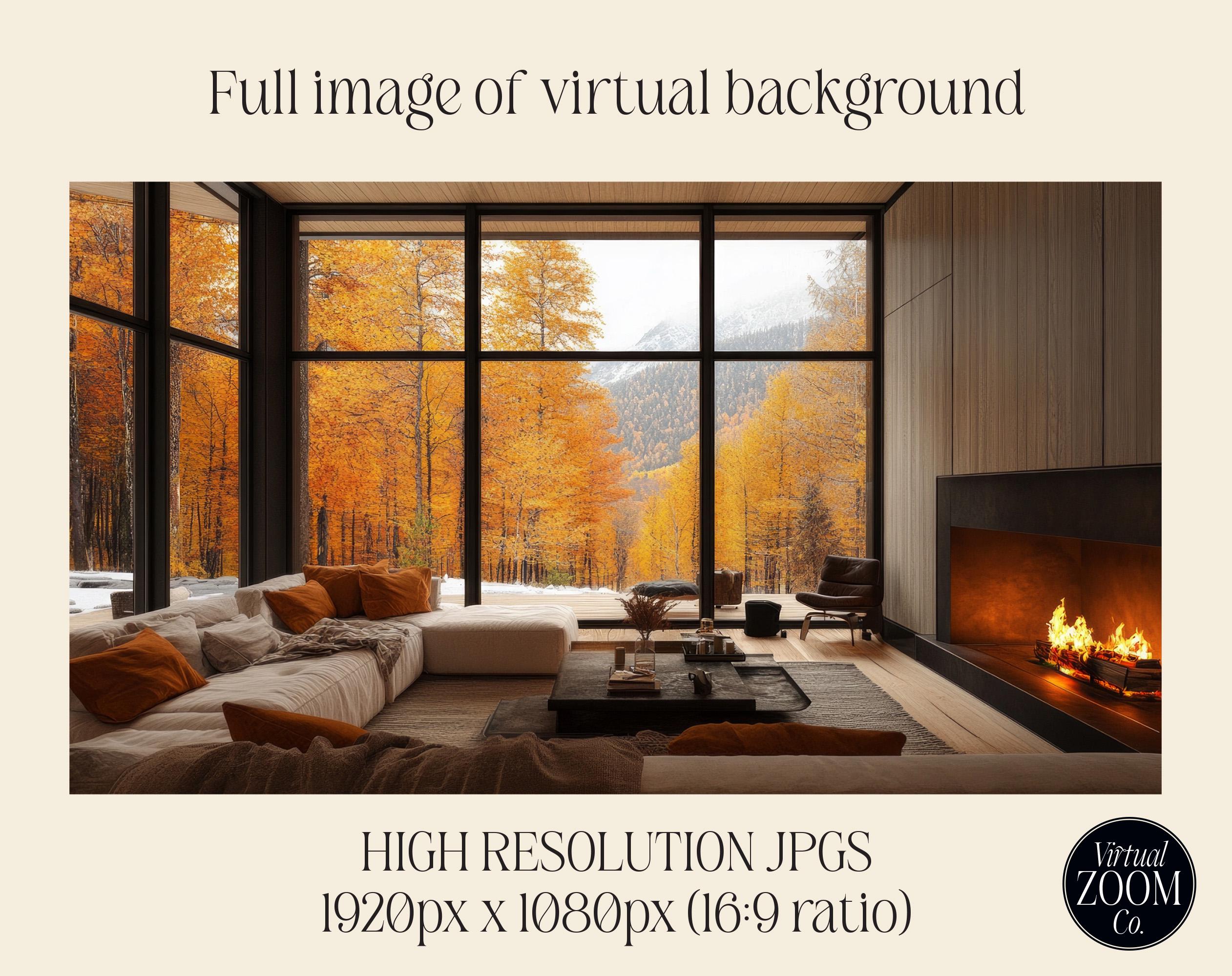 Zoom Background Fall Trees Backdrop Chalet Cabin With Fireplace Virtual ...