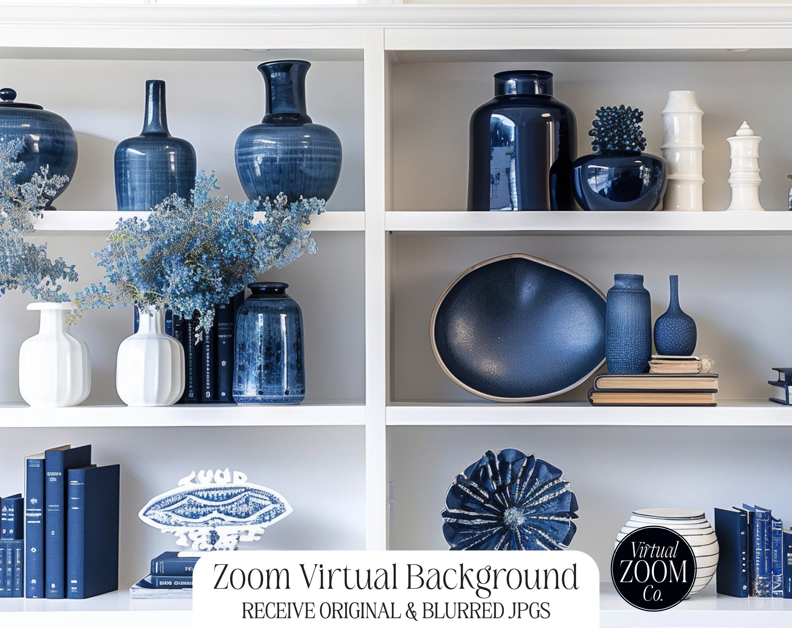Zoom Background Navy Blue Bookshelf Blue Hamptons Bookshelf ...