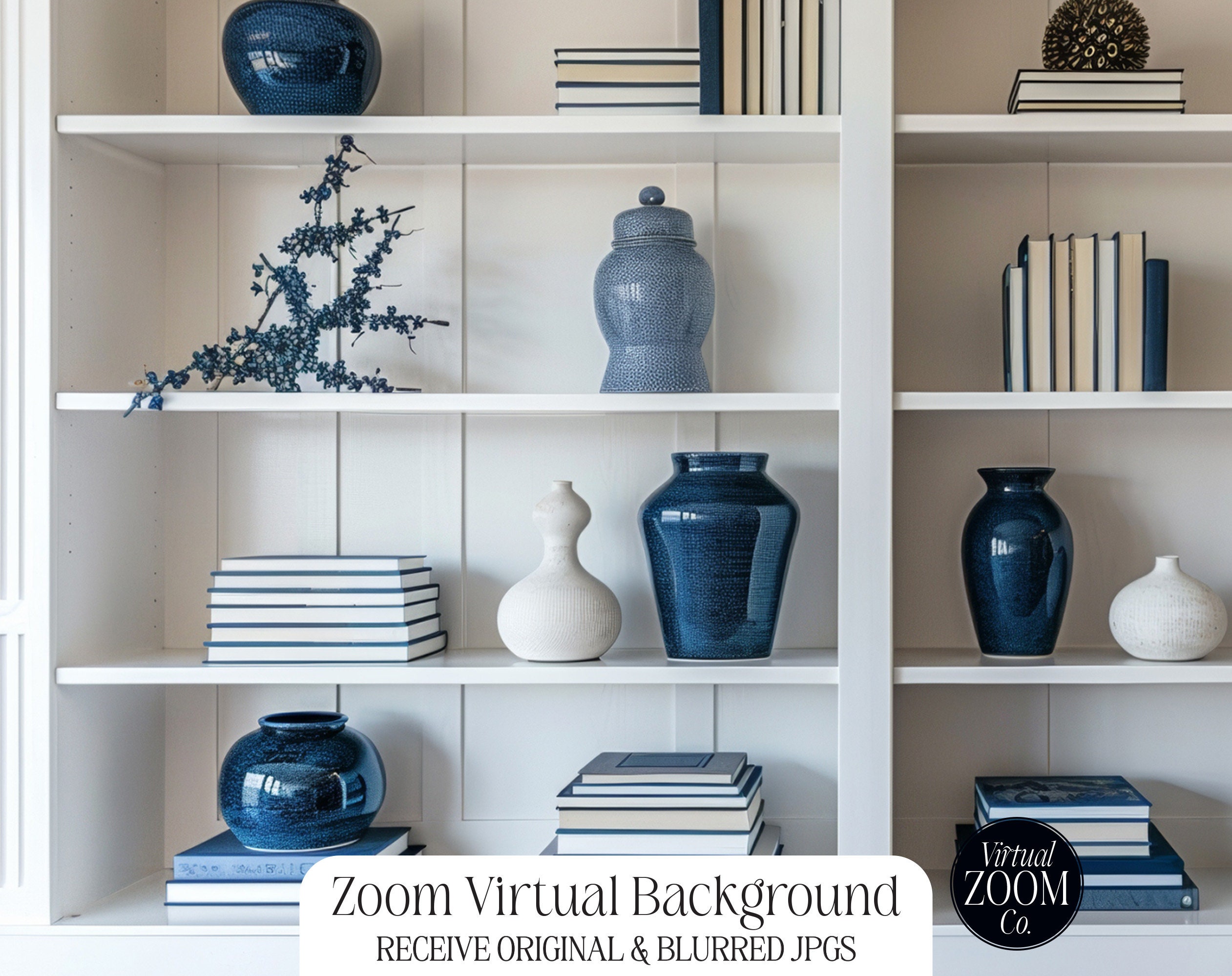 Zoom Background Navy Blue Bookshelf Blue Hamptons Bookshelf ...