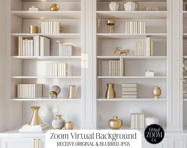 Zoom Background White Bookshelf Gold Virtual Background Bookshelf for ...