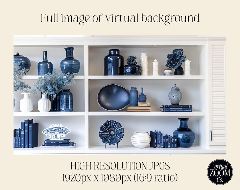 Zoom Background Navy Blue Bookshelf Blue Hamptons Bookshelf ...