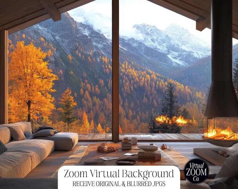 Zoom Background Chalet Cabin With Fireplace Virtual Background Fall ...