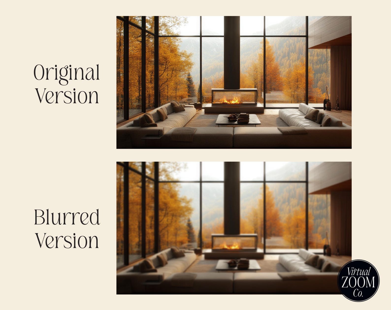 Zoom Background Fall Trees Backdrop Chalet Cabin With Fireplace Virtual ...