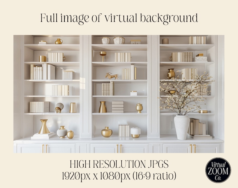 Zoom Background White Bookshelf Gold Virtual Background Bookshelf for ...