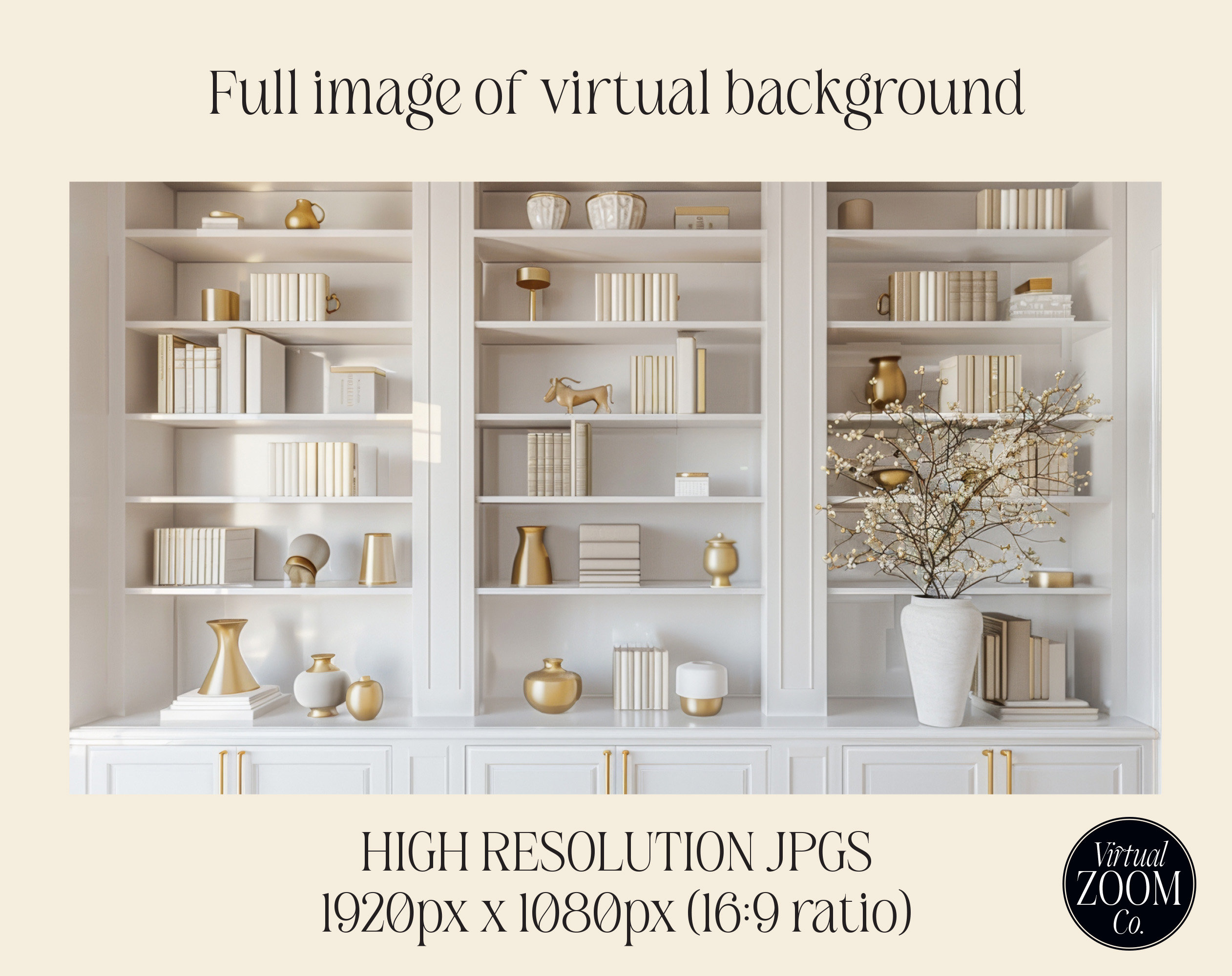 Zoom Background White Bookshelf Gold Virtual Background Bookshelf for ...