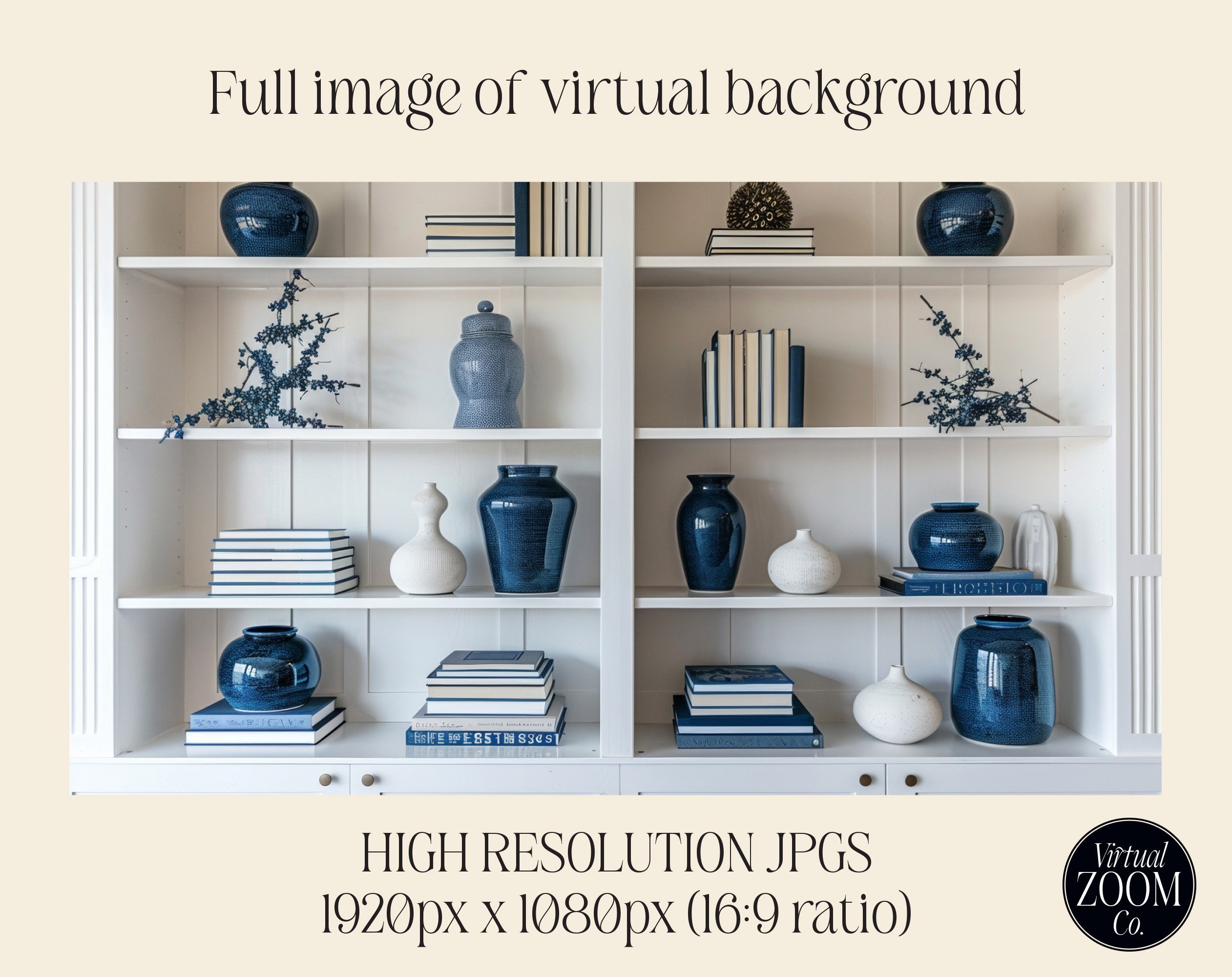 Zoom Background Navy Blue Bookshelf Blue Hamptons Bookshelf ...