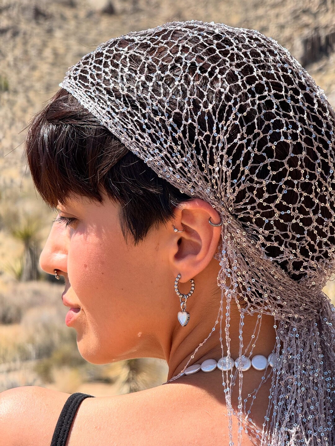 Handmade Silver Sequin Triangle Shawl Versatile Knitted Wrap Headscarf ...