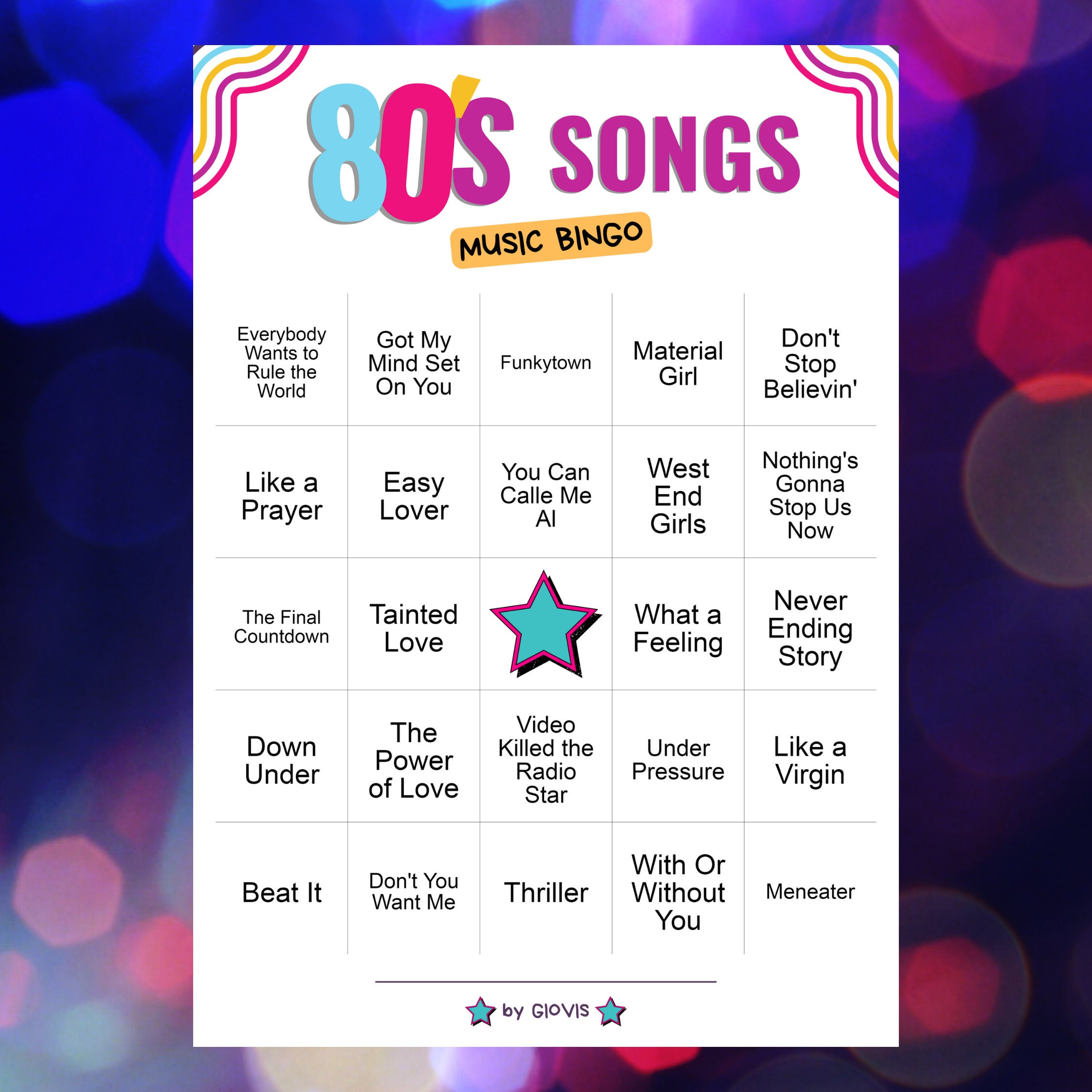 80s Songs Music Bingo, 80s Music Bingo Cards, Music Bingo Game, Musical ...