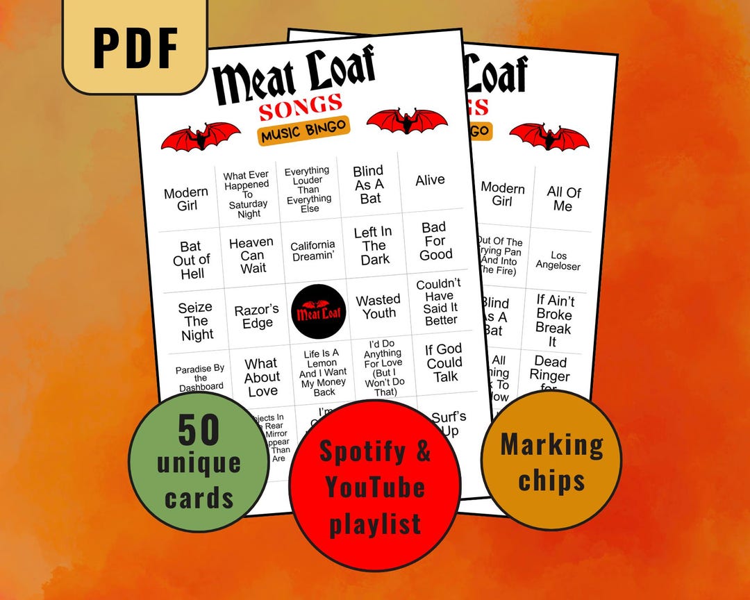 Meat Loaf Songs Bingo Game, Meat Loaf Music Bingo Cards, Music Bingo ...