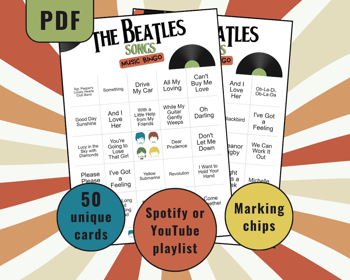 Beatles Songs Bingo Game, the Beatles Music Bingo Cards, Music Bingo ...