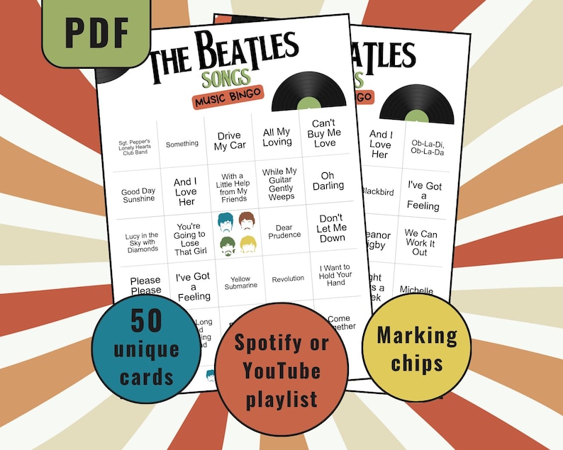 Beatles Songs Bingo Game, the Beatles Music Bingo Cards, Music Bingo ...